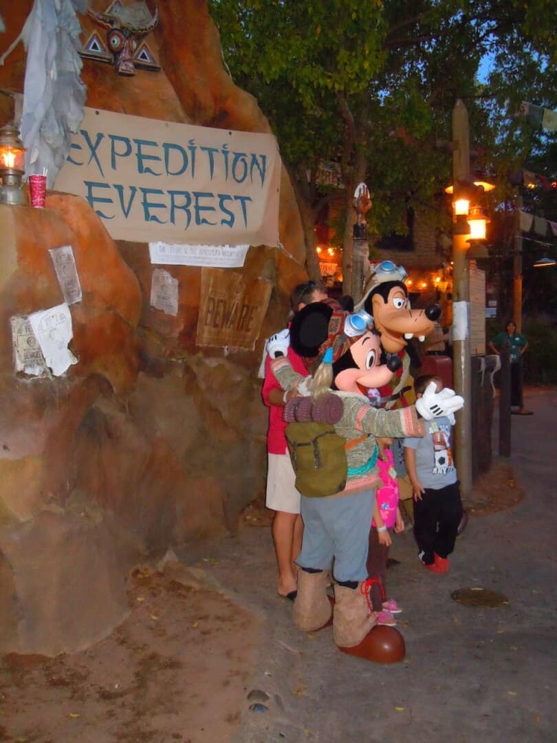 Mickey Mouse and Goofy greet guests as mountain climbers at Expedition ...