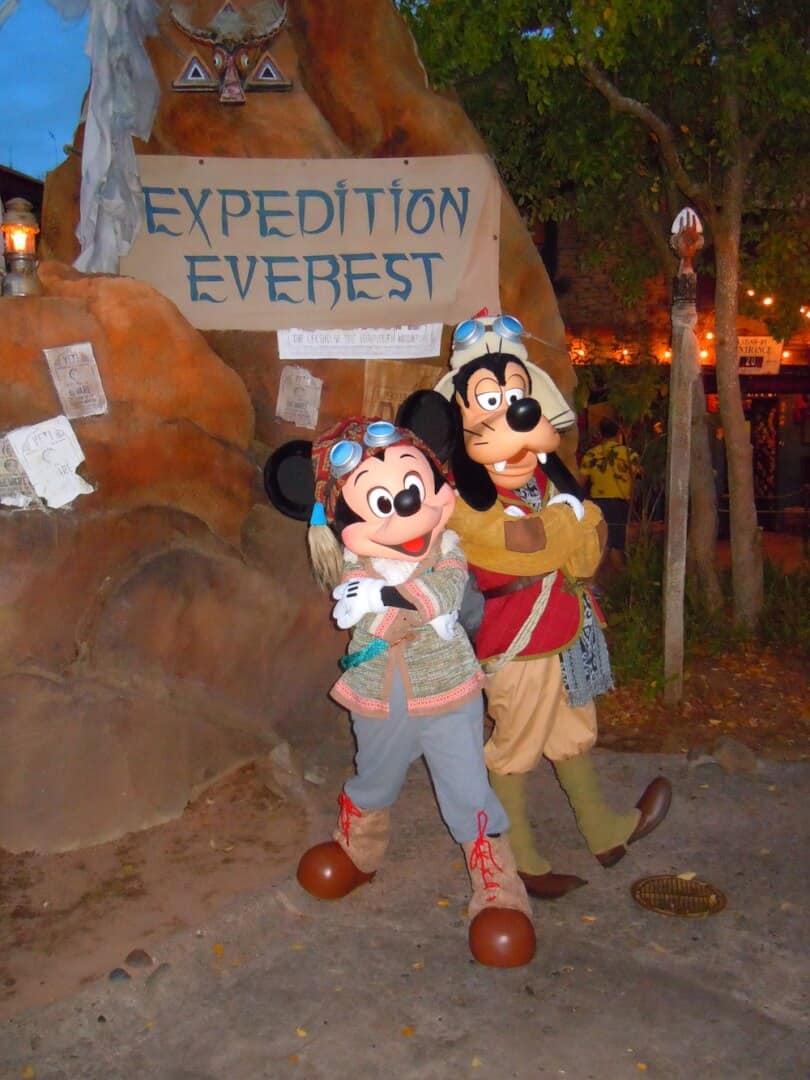 Mickey Mouse and Goofy greet guests as mountain climbers at Expedition ...